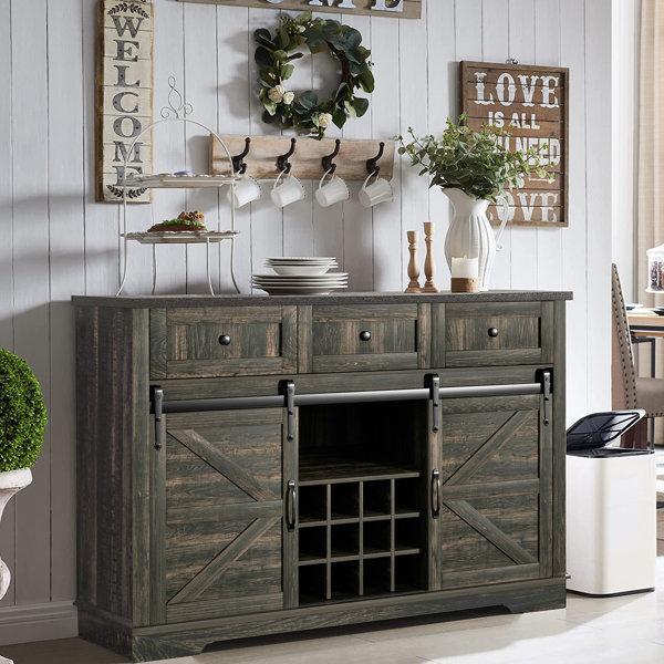 August Grove® Catalino Wood Farmhouse Bar Cabinets,Coffee Wine Cabinet with Sliding Barn Door ...